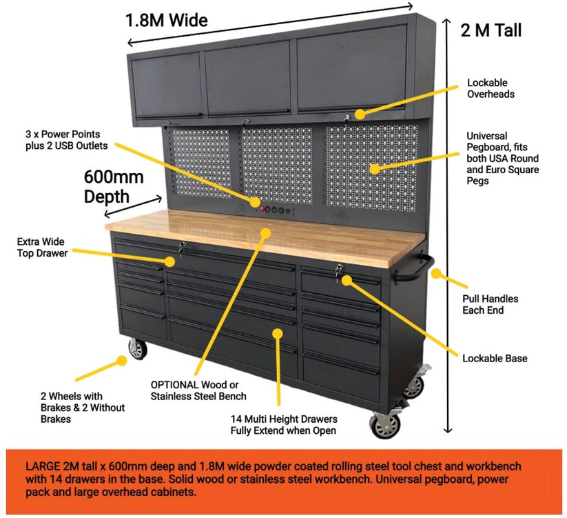 2m Rolling Workbench with Overhead Storage | Power Board Setup